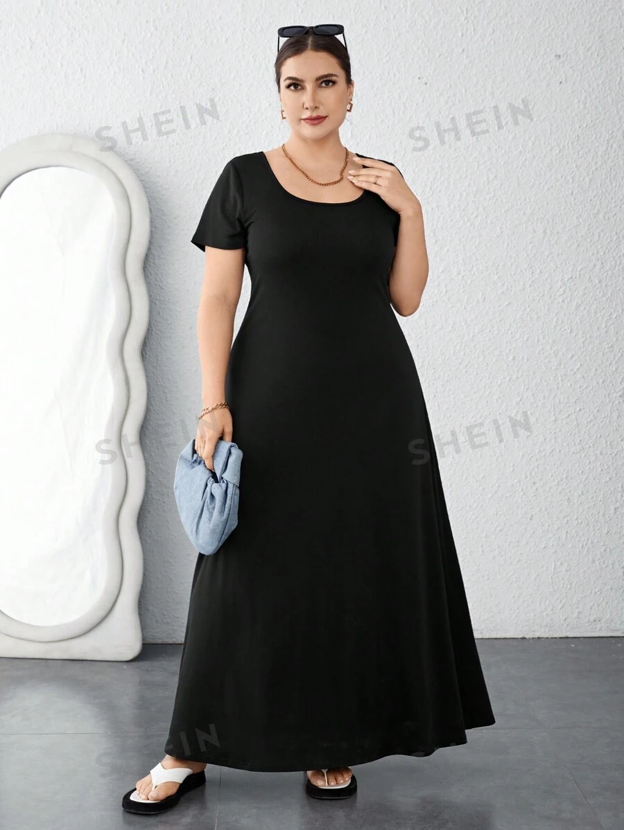SHEIN Essnce Plus Size Black A-Line Dress With Round Neck, Cinching ...