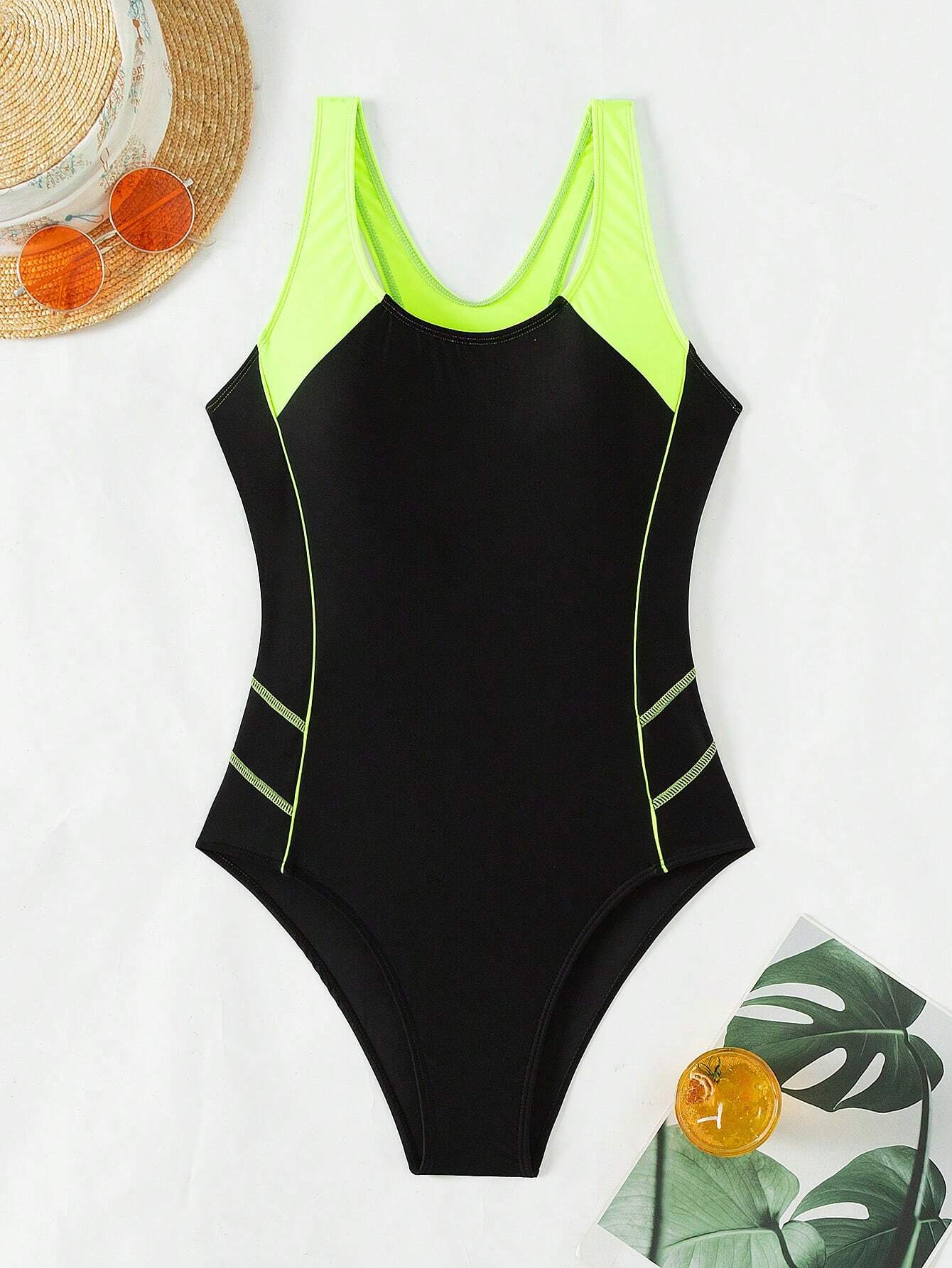 SHEIN Swim SPRTY Colorblock Round Neck Neon One-Piece Swimsuit, Simple ...