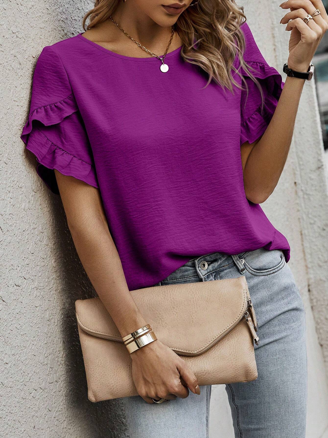 Shein Clasi Solid Color Ruffled Trim Cap Sleeve Blouse Shein Usa