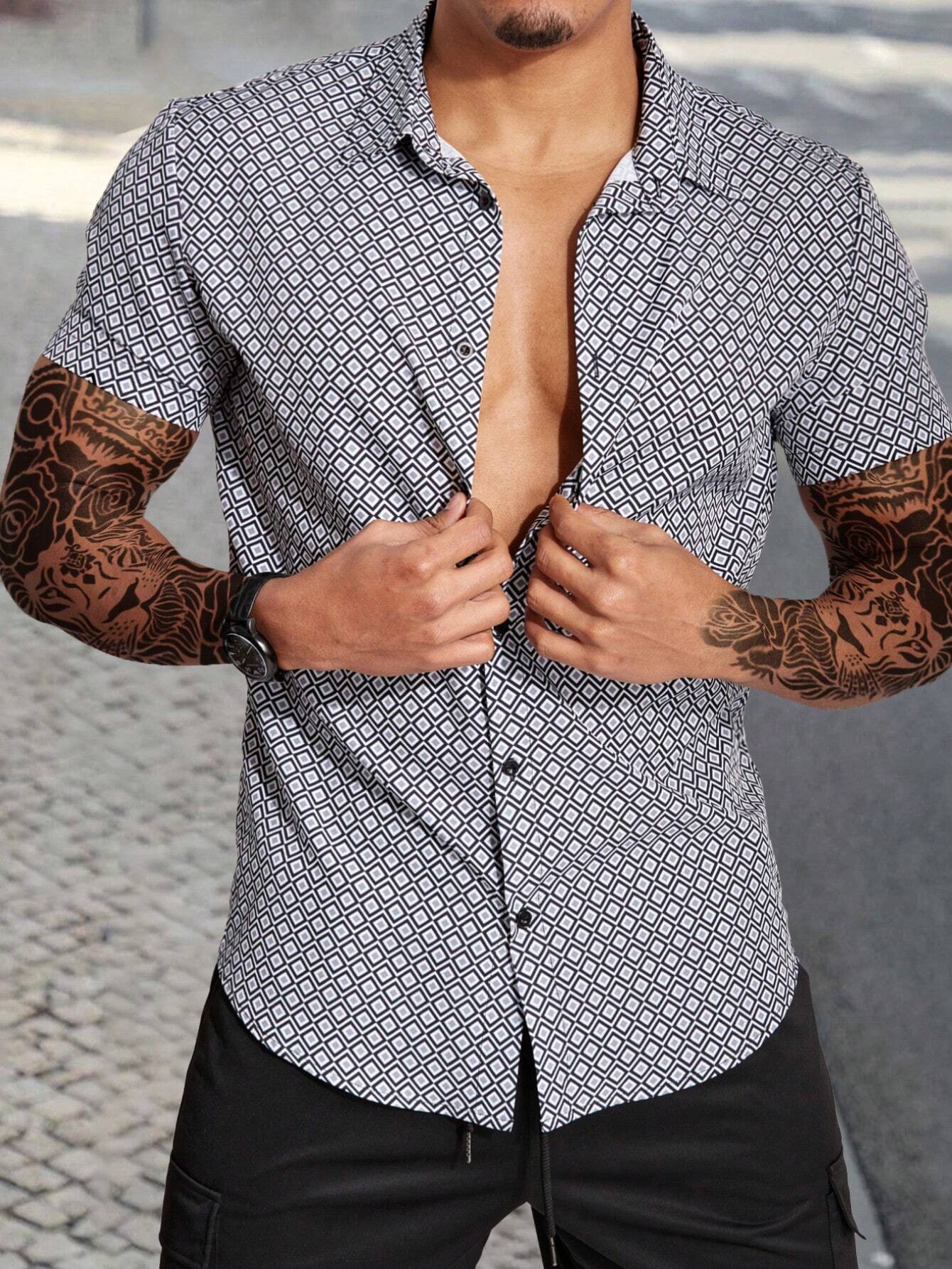 Manfinity Homme Geometric Print Buttoned Short Sleeve Shirt Slim Fit ...