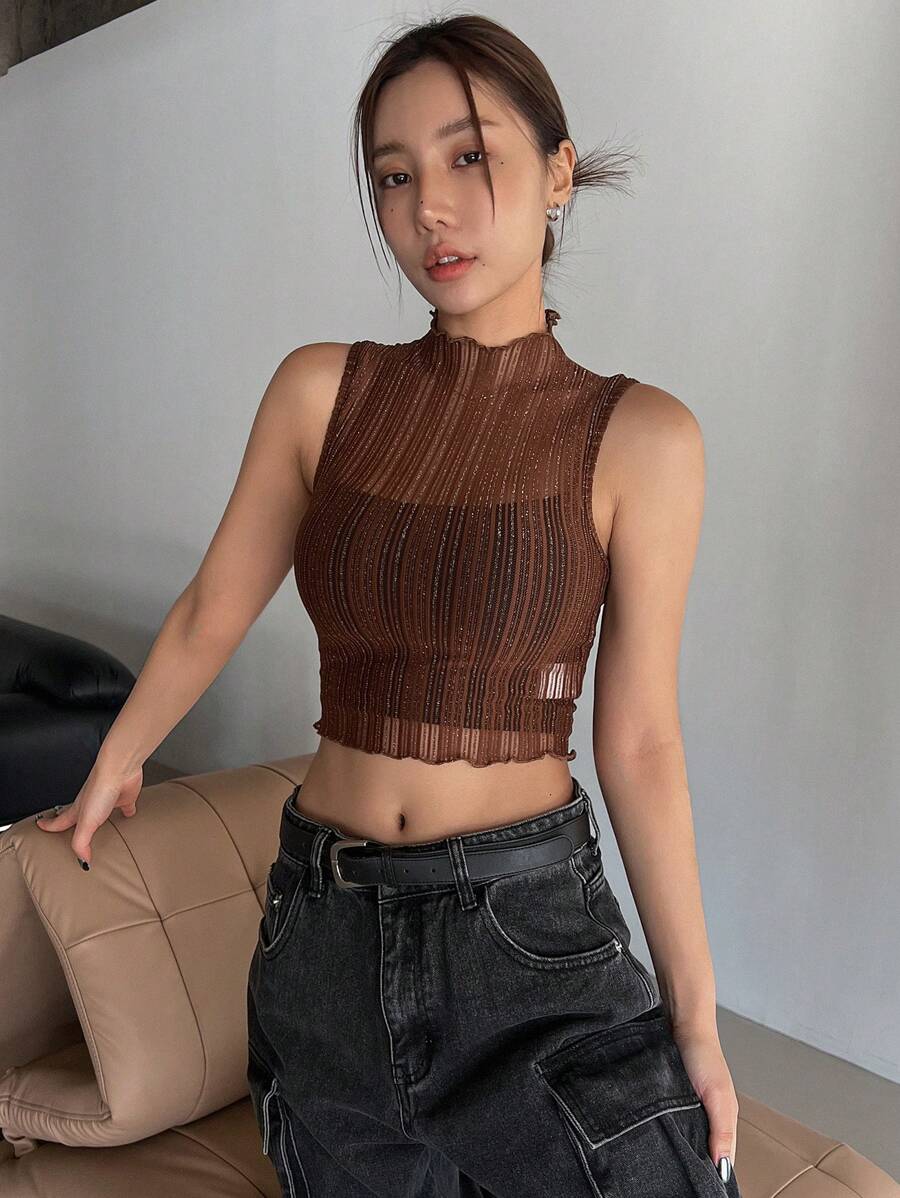 DAZY Women's Stand Collar Glitter Crop Top Going Out Tops Festival | SHEIN EUR