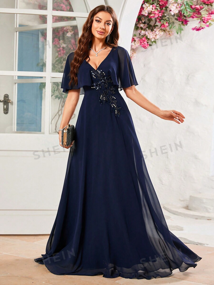 SHEIN LUNE Stitching Sequins Flounce Sleeve V-Neck Chiffon Formal Dress ...