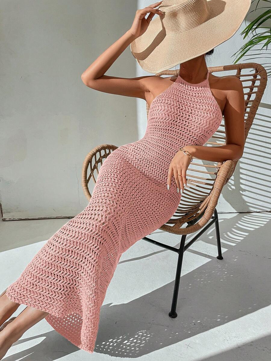 SHEIN VCAY Hollow Out Knit Dress With Fish Tail Hem And Open Back ...