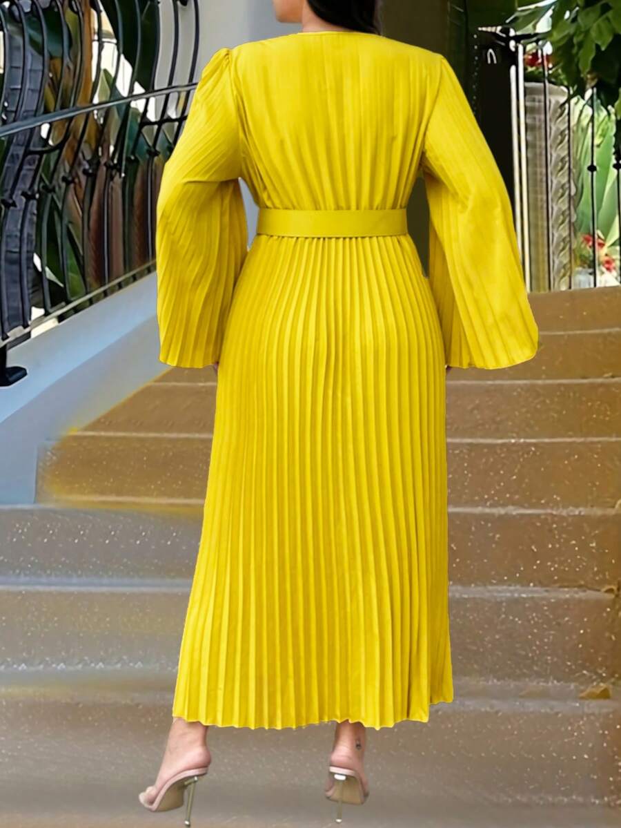 Shein Belle Plus Size Deep V Neck Belted Flounce Sleeve Pleated Dress