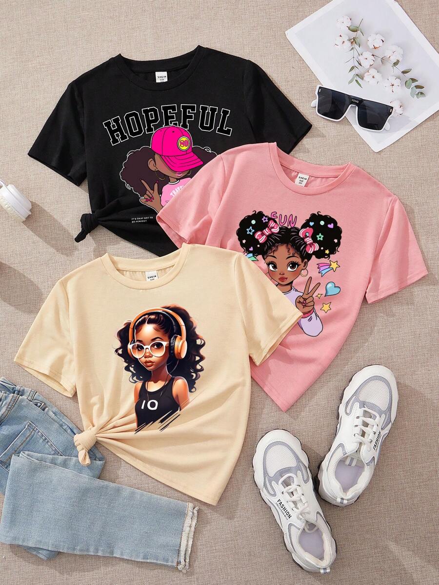 Multipack Casual Simple Cartoon Pattern T-Shirts For Tween Girls ...