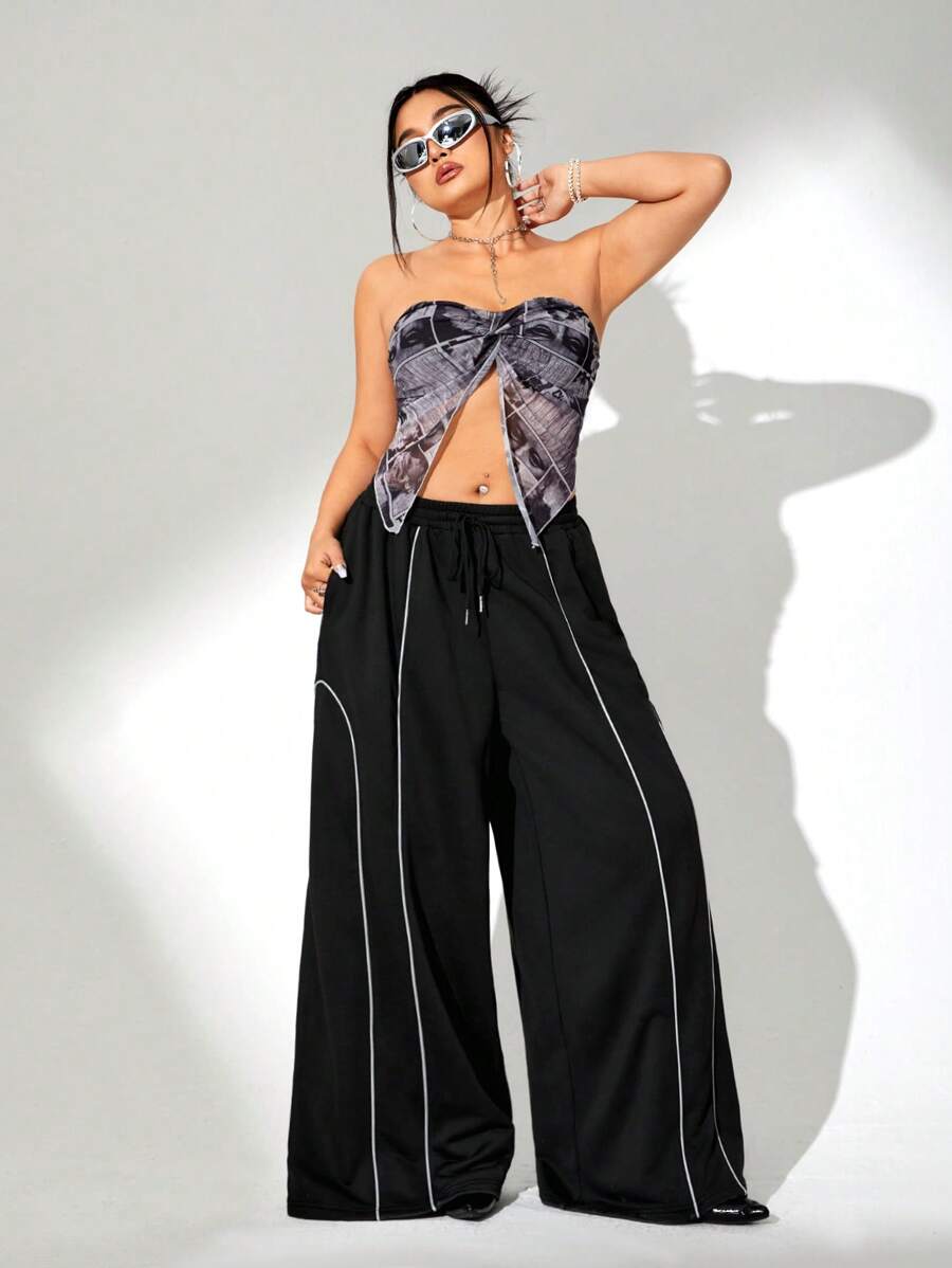 SHEIN ICON Plus Size Color Block Wide-Leg Pants With Reflective Stripes ...