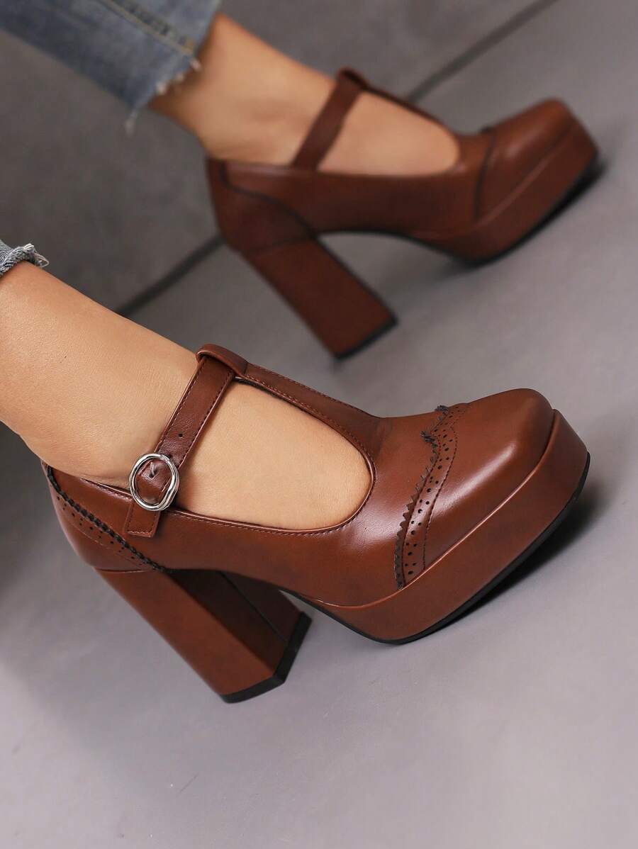 Brown Mary Jane Platform Block Heel Women's Shoes | SHEIN UK