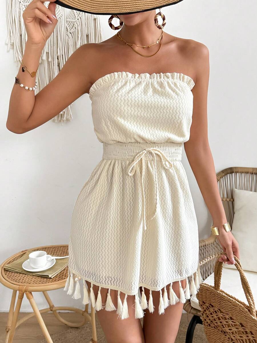 SHEIN Franclia Women's Solid Color Fringed Hem Strapless Dress for Sale ...