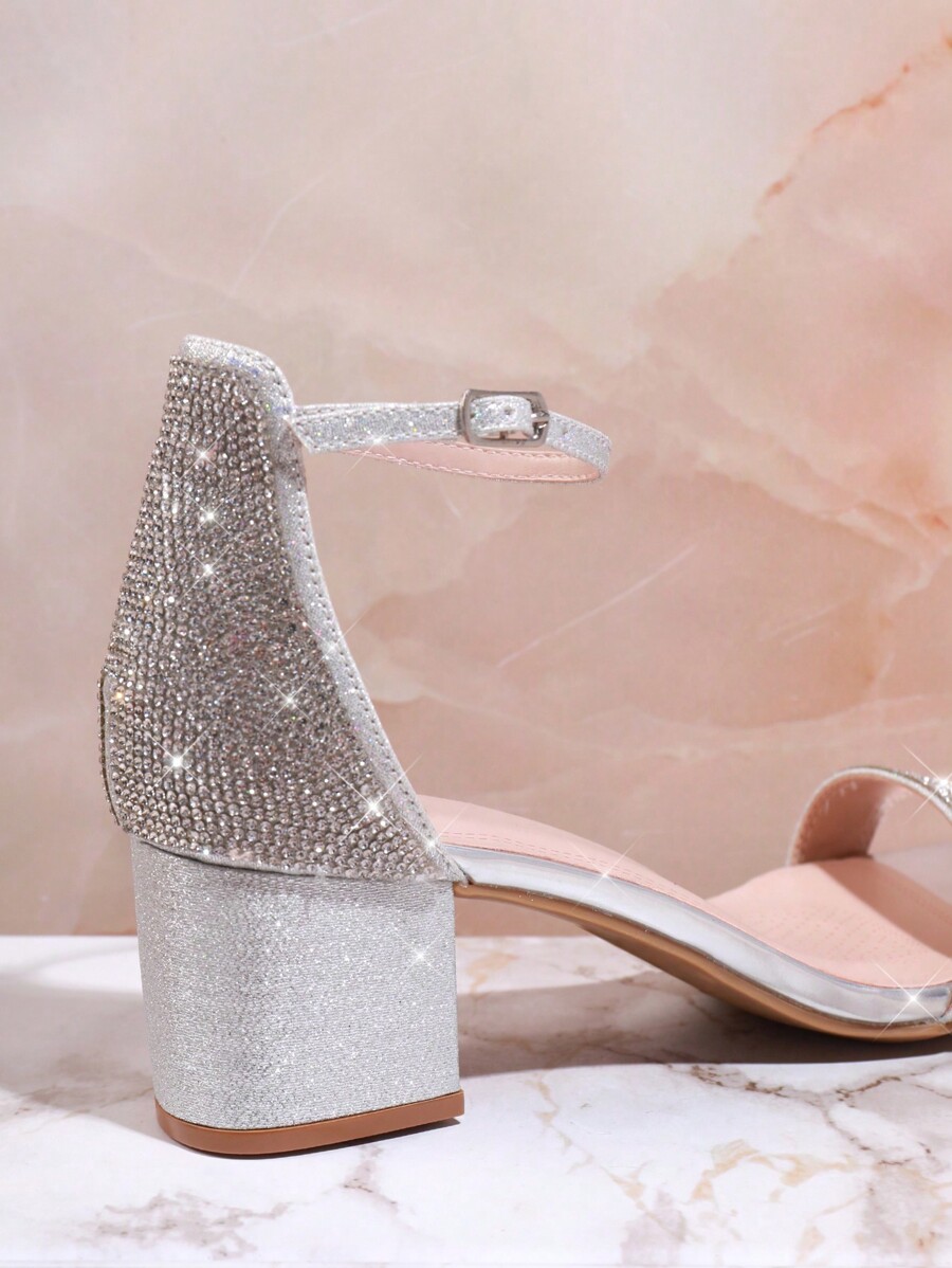 SHUZIA Women's Rhinestone Embellished Open Toe Block Heel Silver Party ...