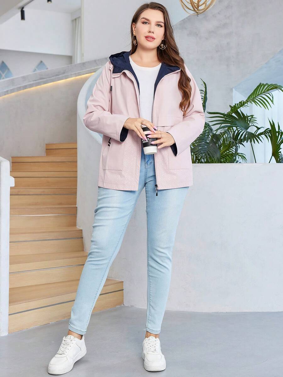 HaiLuoZi Color Block Zipper Front Hooded Jacket With Slanted Pockets ...