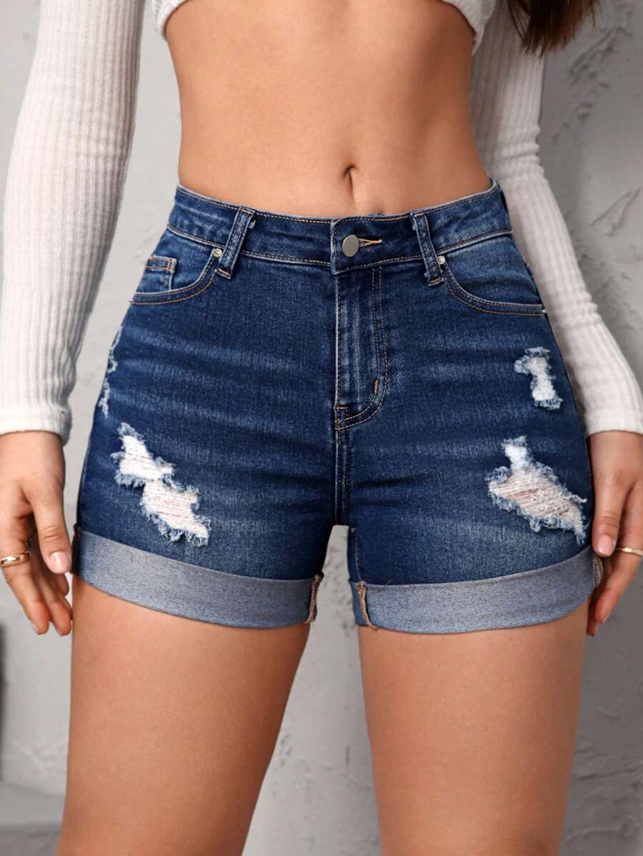 SHEIN Essnce Ripped Roll Up Hem Denim Shorts | SHEIN USA