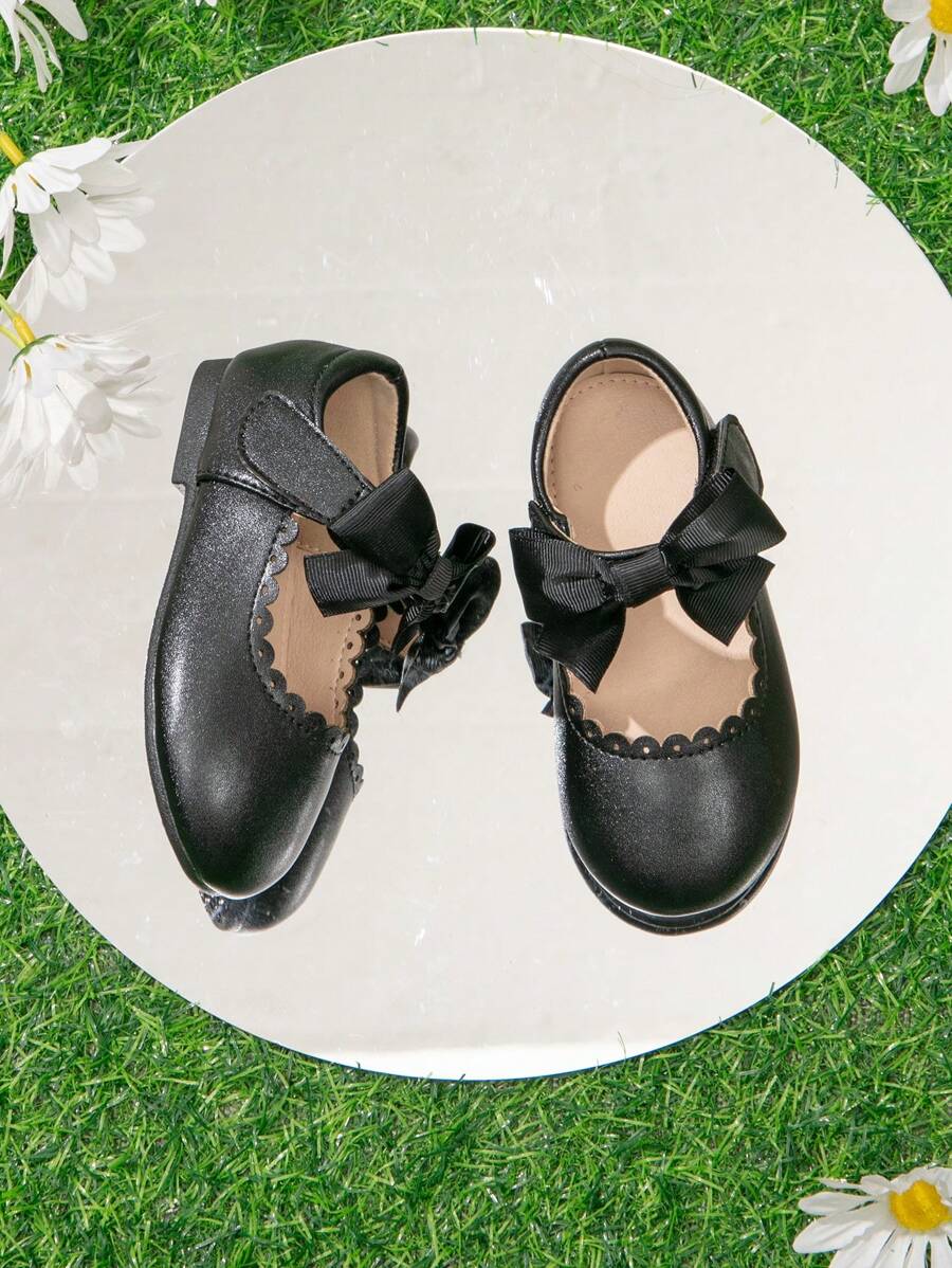 Little Girl's Black Matte Loafers With Hook And Loop, Simple And ...