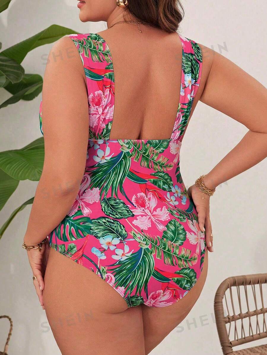 SHEIN Swim Curve Plus Size Women's One-Piece Swimsuit With Plant & Flower Pattern | SHEIN USA