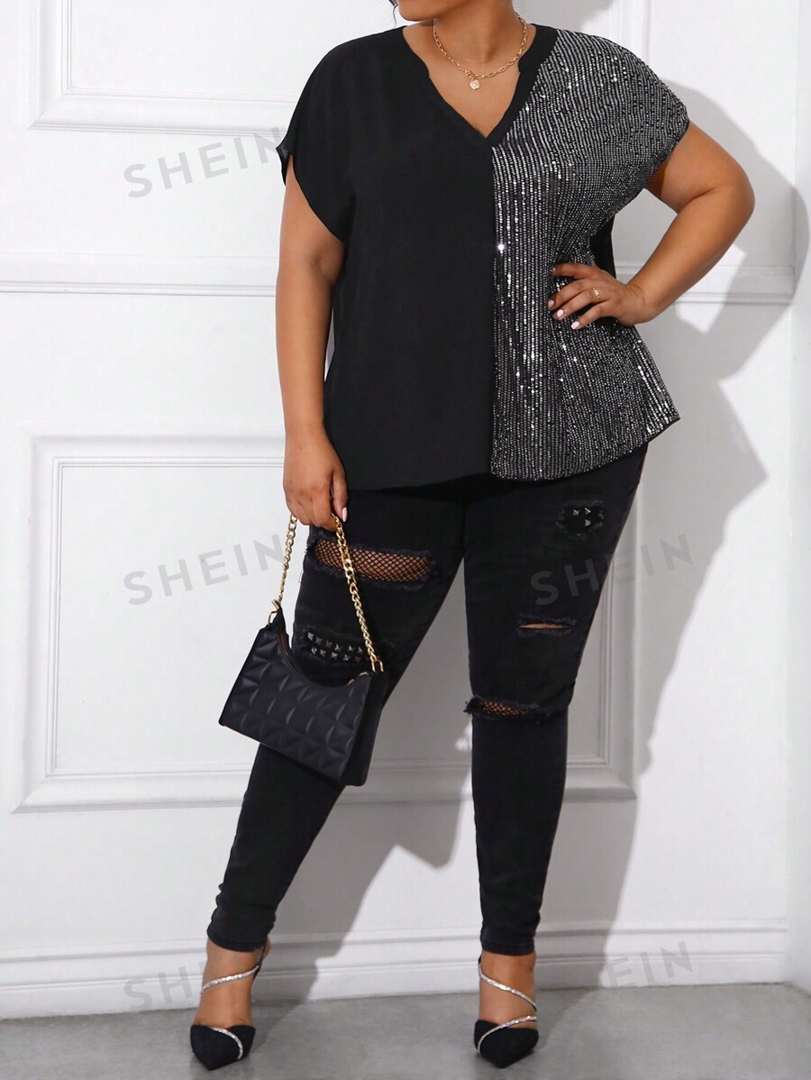 SHEIN CURVE+ Plus Size Short Sleeve Shirt With Notched Collar And Sequin Detail Going Out Tops ...