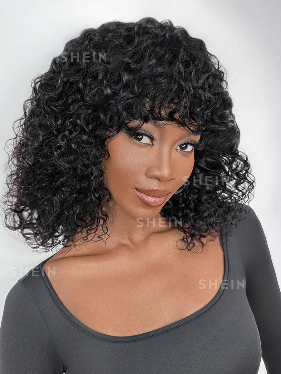 Water Wave Short Human Hair Wigs With Bangs Real Affordable Hair ...