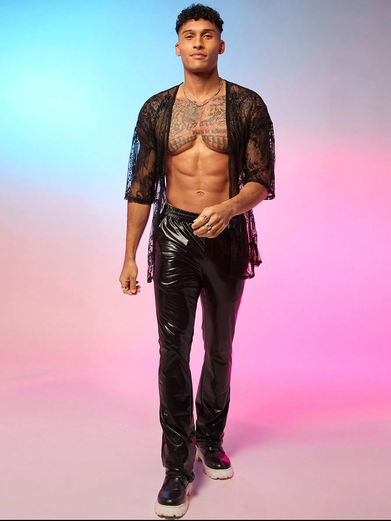 FeverCity Men Sheer Lace Open Front Shirt | SHEIN USA