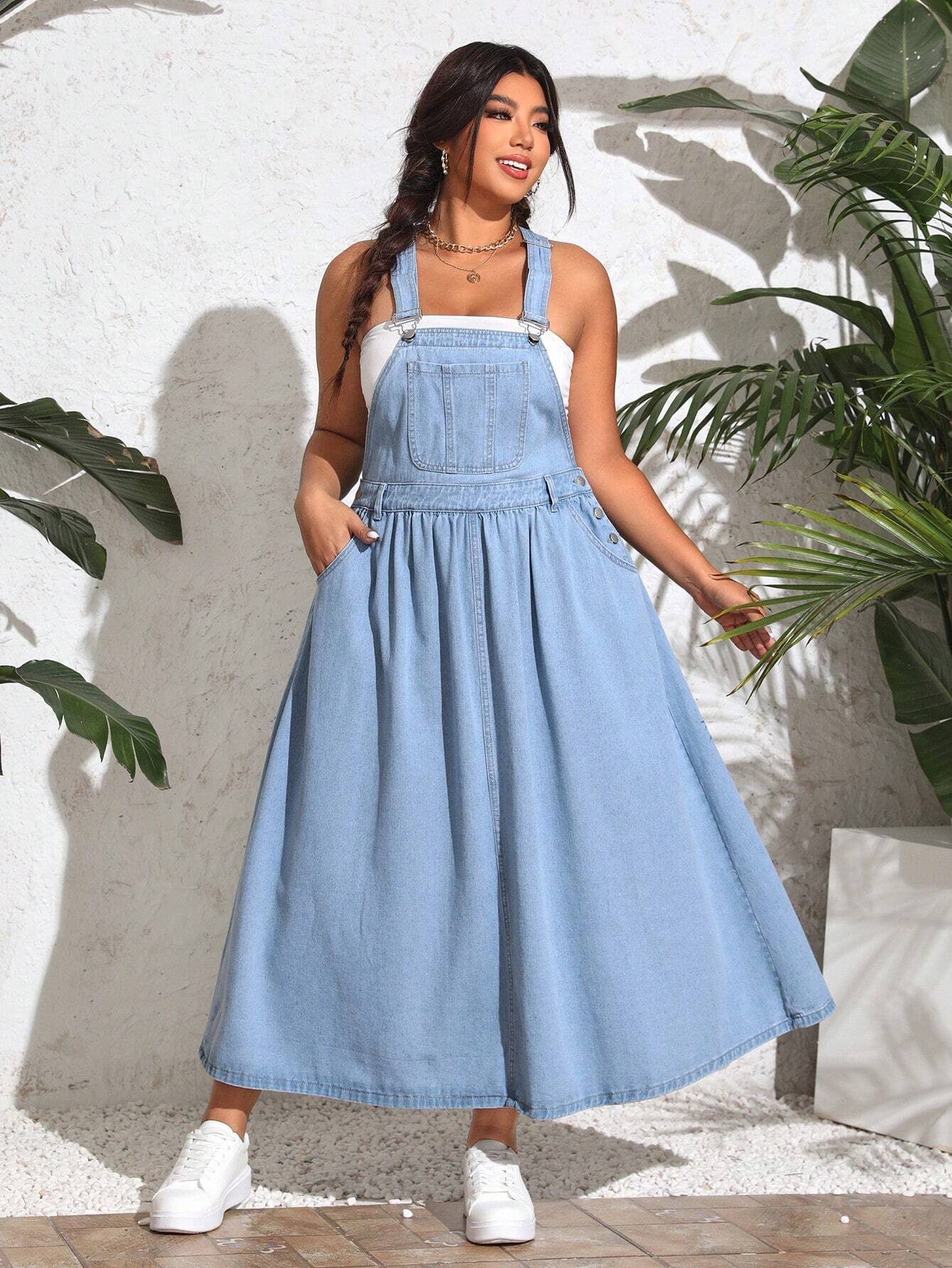 SHEIN VCAY Plus Size Denim Overalls Dress | SHEIN USA