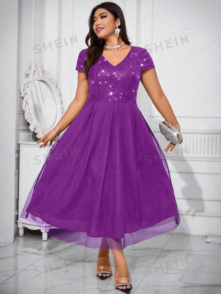 Shein Belle Plus Size Sequin Splicing Mesh Dress Shein Usa