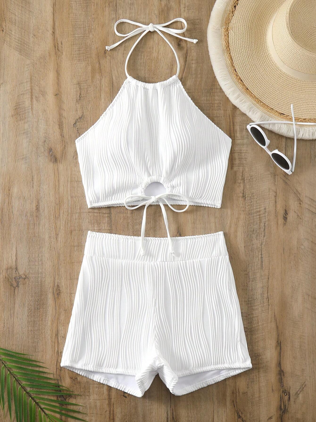 Shein Vcay Summer Beach Womens Monochromatic Textured White Swimwear 0816