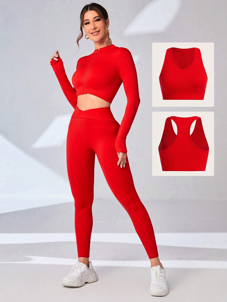 SHEIN Sport Studio Set de 3 piezas para mujer de chaqueta deportiva con cremallera sin costuras ...