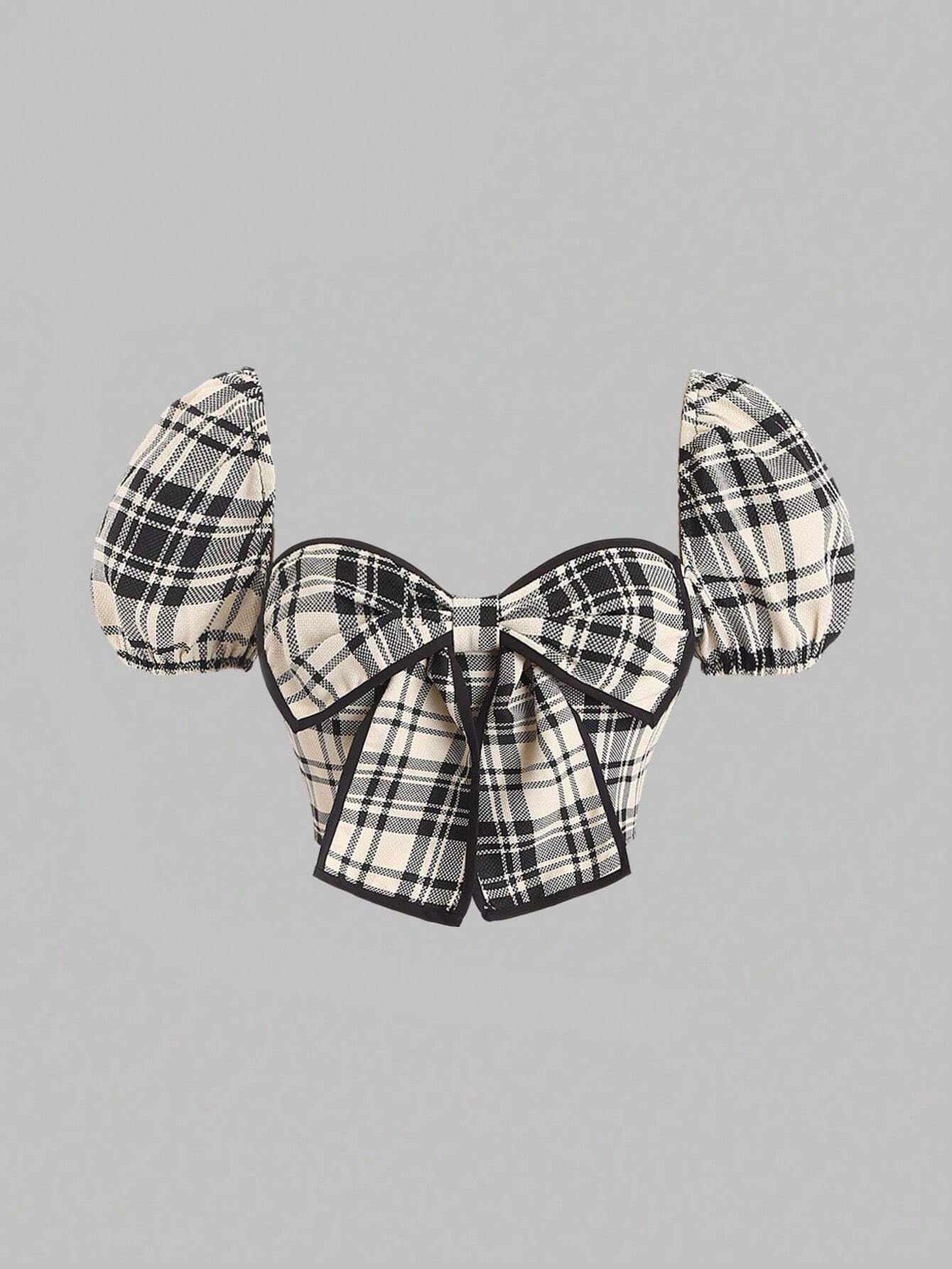 SHEIN MOD Women's Sweetheart Collar Checkered Shirt With Large Bow ...