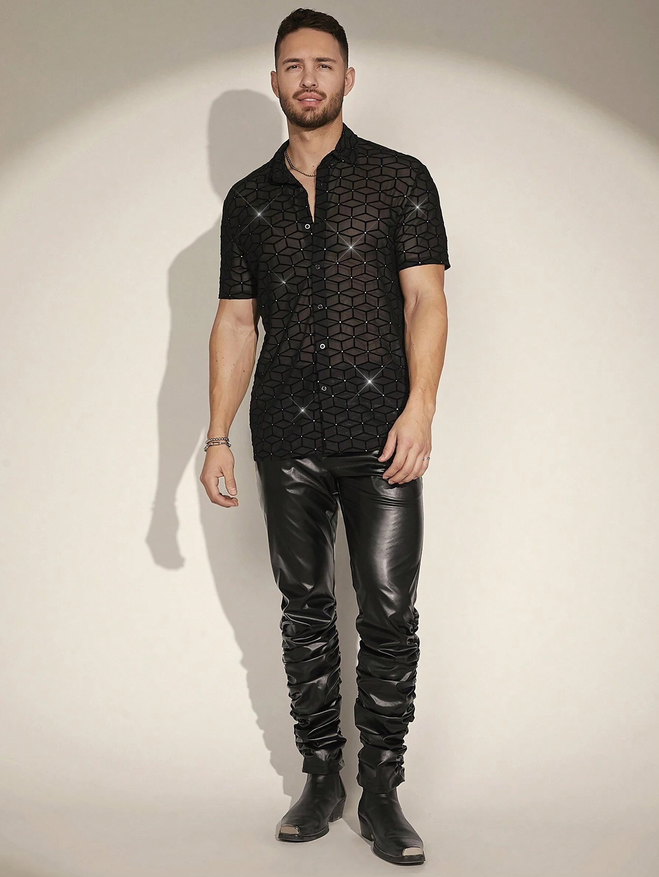 FeverCity Men's Rhinestone Embellished Mesh Short Sleeve Shirt | SHEIN USA