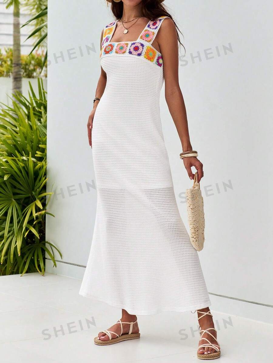 SHEIN VCAY Slim Fit Fish Tail Hem Crochet Flower Fishtail Maxi Dress ...