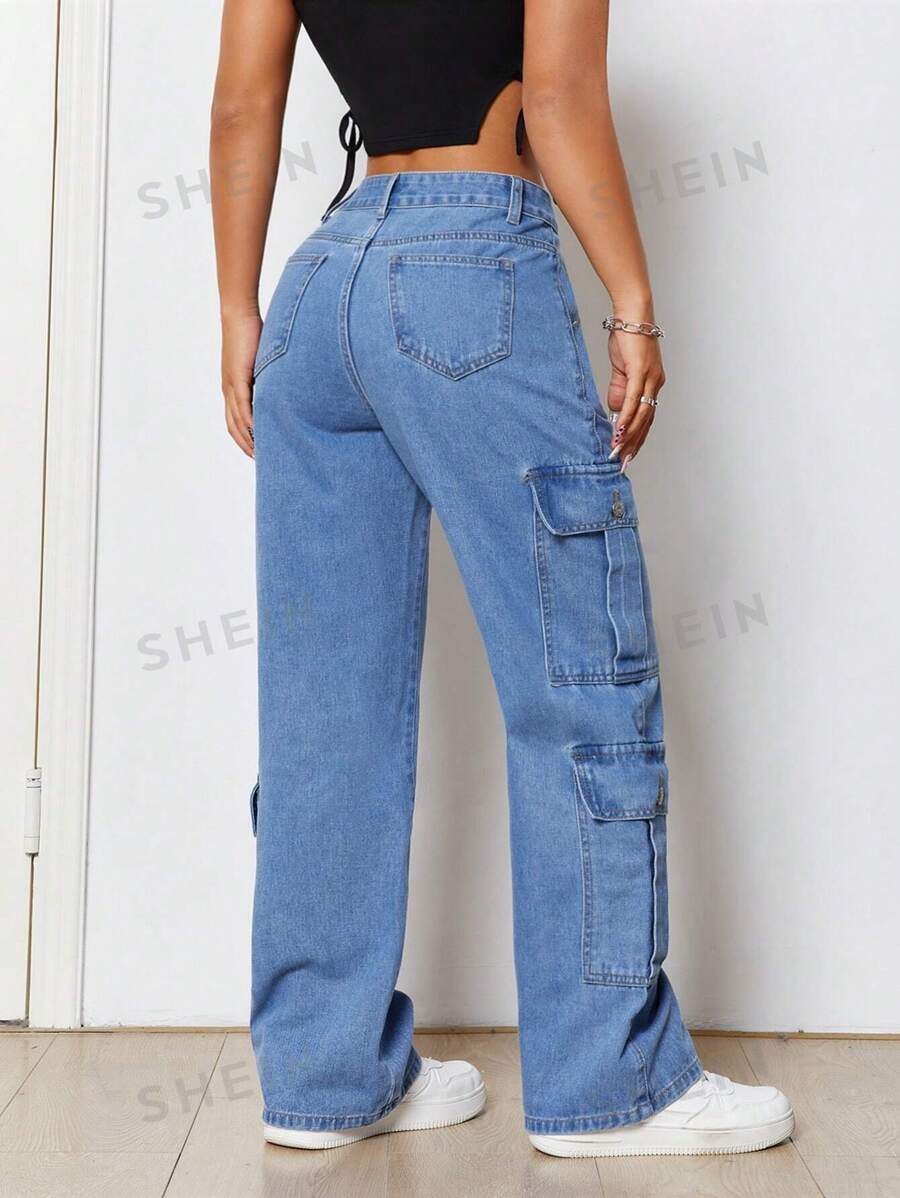 SHEIN PETITE Blue Washed Denim Jeans With Side Pockets | SHEIN UK