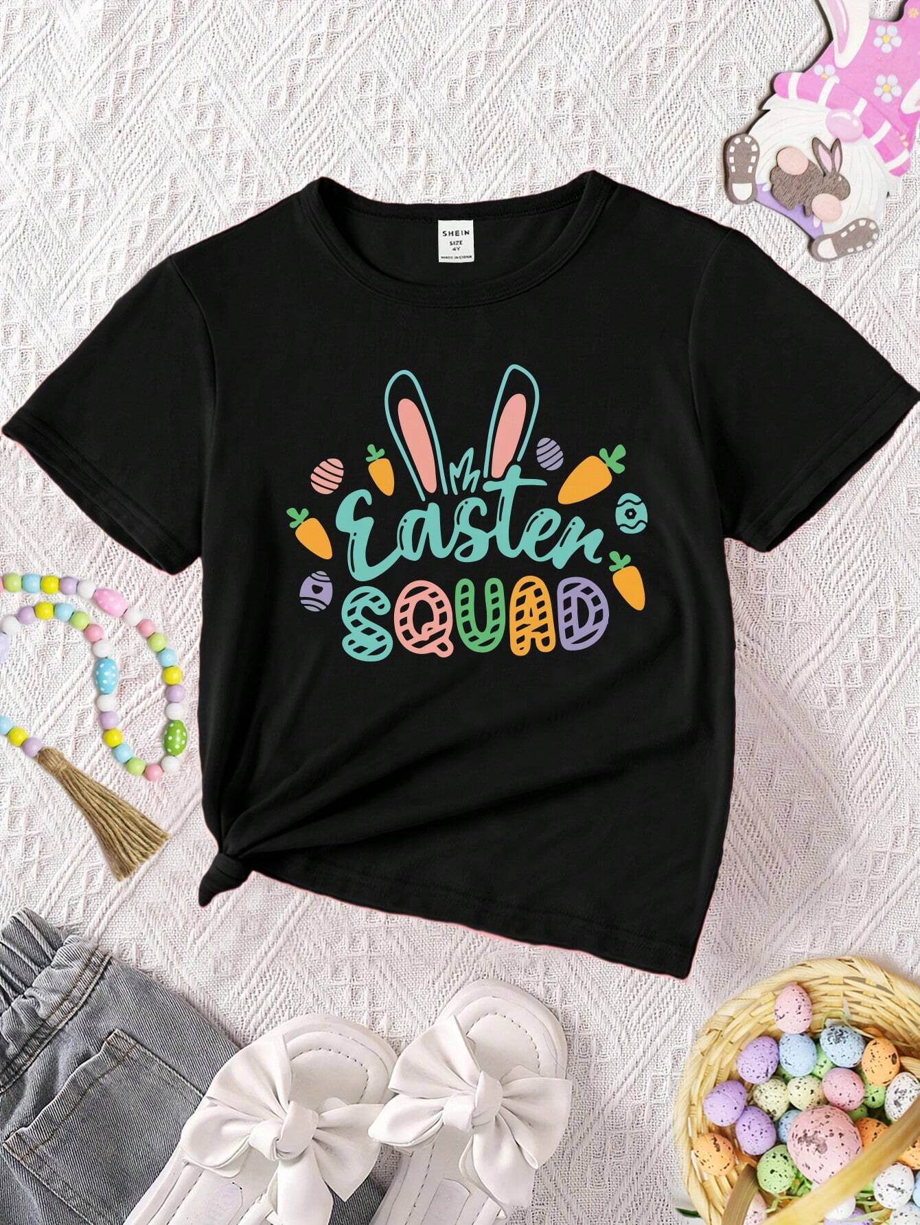Easter Young Girls' Cute Letter & Bunny Ears Pattern Short Sleeve T ...