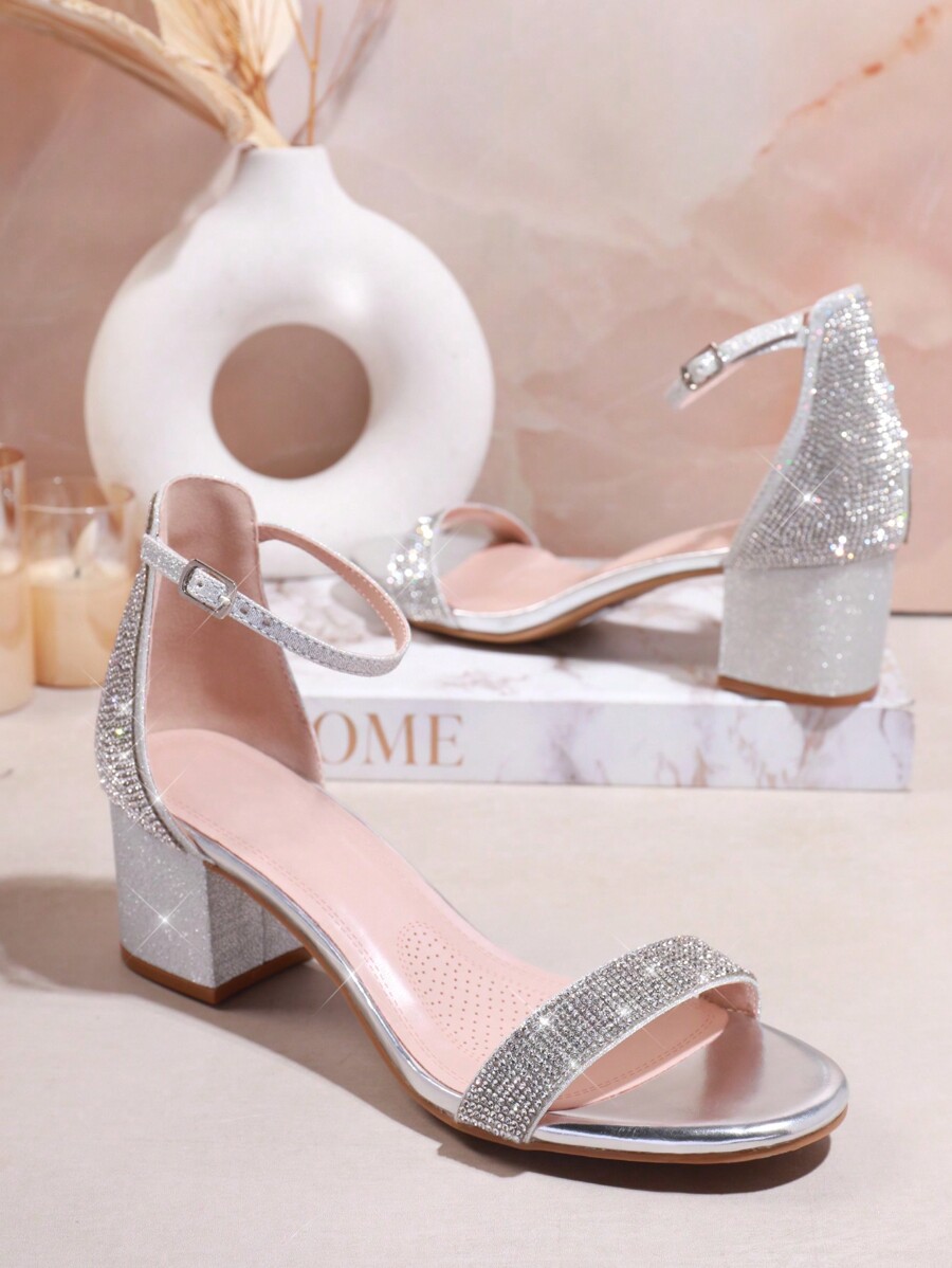 SHUZIA Women's Rhinestone Embellished Open Toe Block Heel Silver Party ...