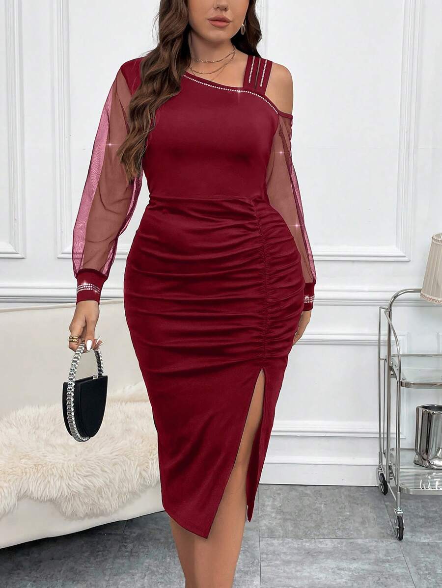 SHEIN Clasi Plus Size Oblique-Shoulder Mesh Embroidered Sleeve Ruched Bodycon Dress, Teacher ...