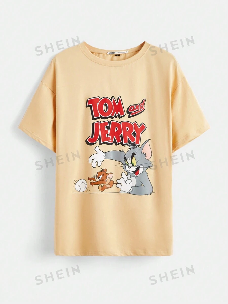 Tom And Jerry X Shein Camiseta De Hombro Caído Con Gráficos De Dibujos