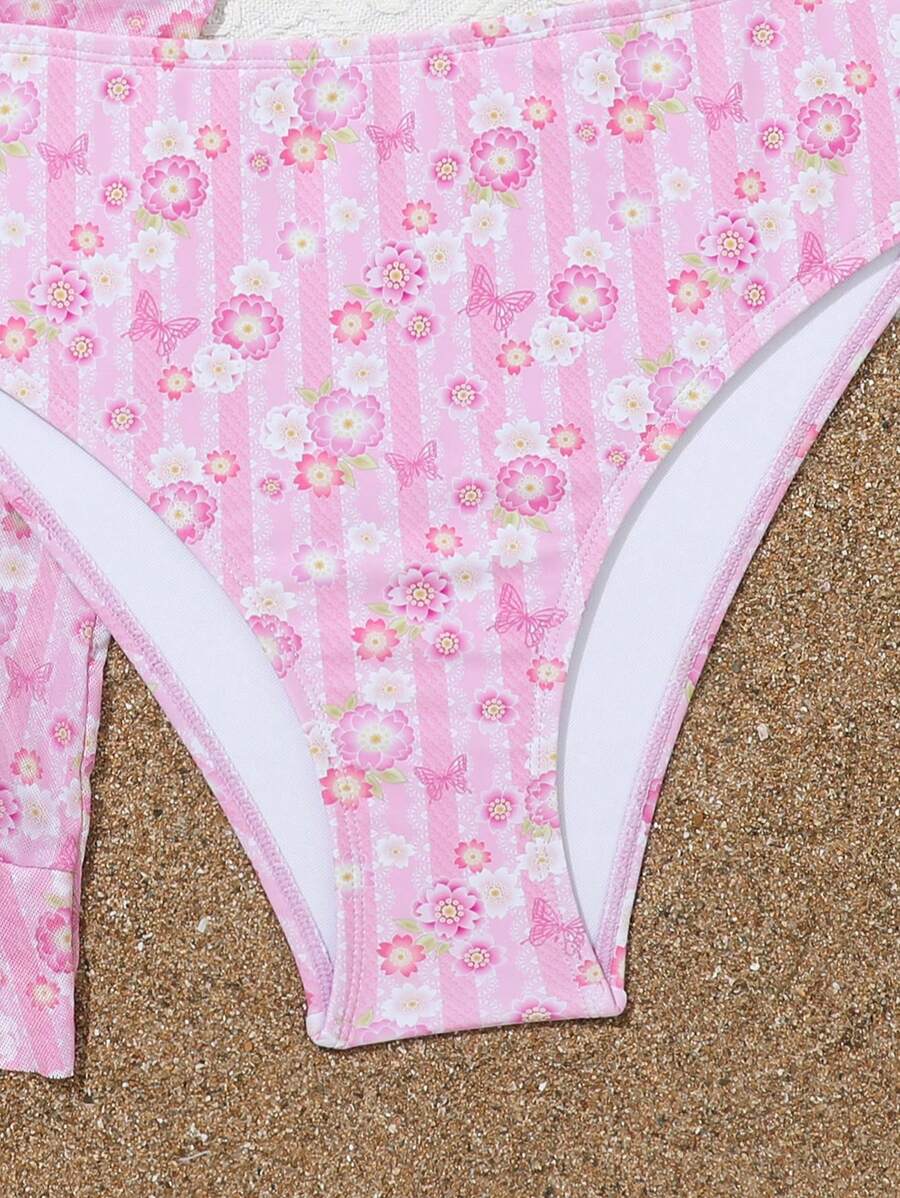 Teen Girl Floral Print Ruffle Trimmed Bikini Set With Accent Band