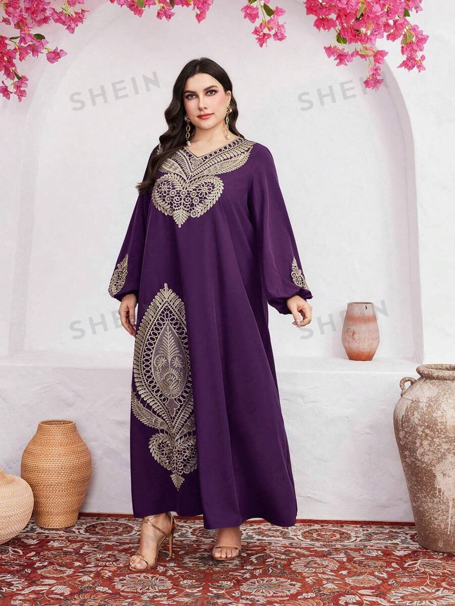 SHEIN Najma Robe arabe coupe évasée à manches lanternes brodée pour ...