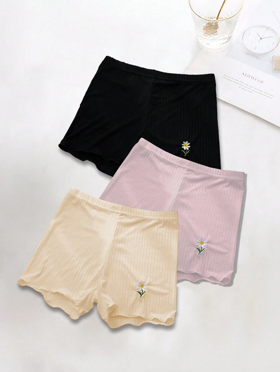 Tween Girl 3pcs Daisy Embroidery Lettuce Trim Shortie Brief | SHEIN USA