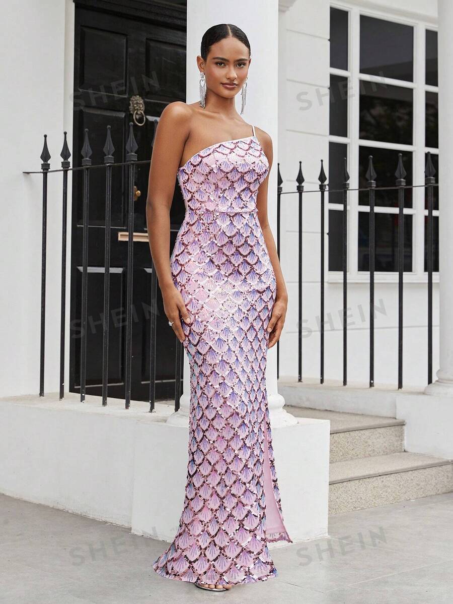 SHEIN Belle Gorgeous High Split One Shoulder Sequin Decor Colorful Evening Party Dress With Sexy ...