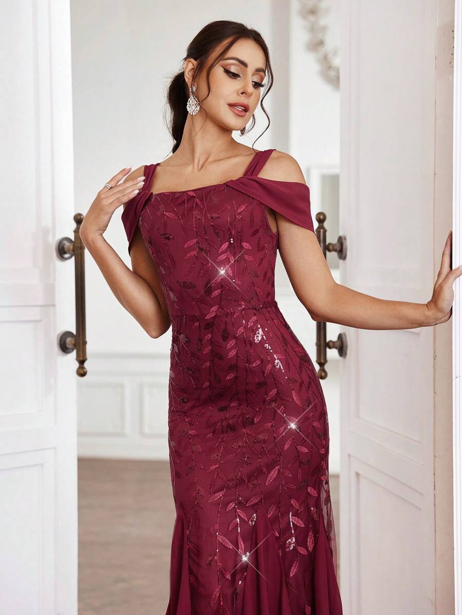 SHEIN Belle Burgundy Red Ladies' Elegant Full-Length Straps Mermaid Sequin Formal Evening Dress ...