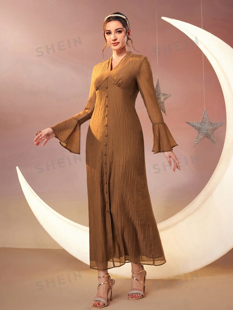 SHEIN Modely Women's Arab Style Button Decorated Bell Sleeve Dress ...