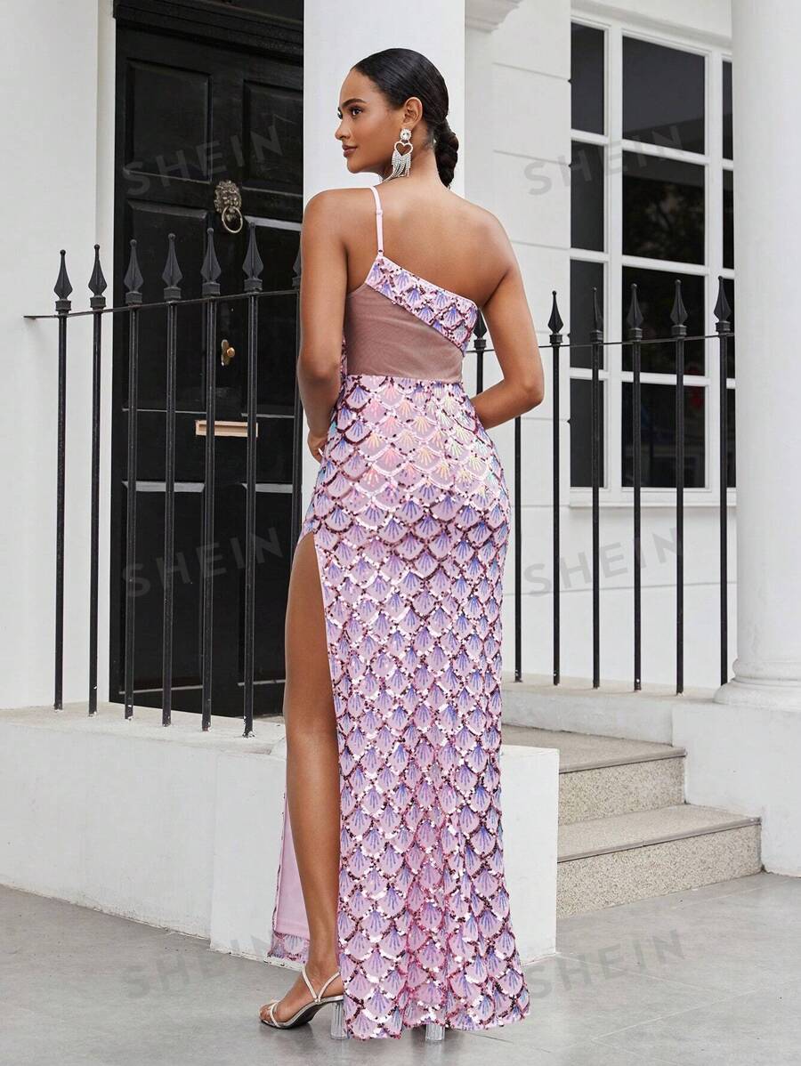 SHEIN Belle Gorgeous High Split One Shoulder Sequin Decor Colorful ...