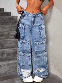 Jeanoix Women's Multi-Pocket Distressed Cargo Jeans | SHEIN USA