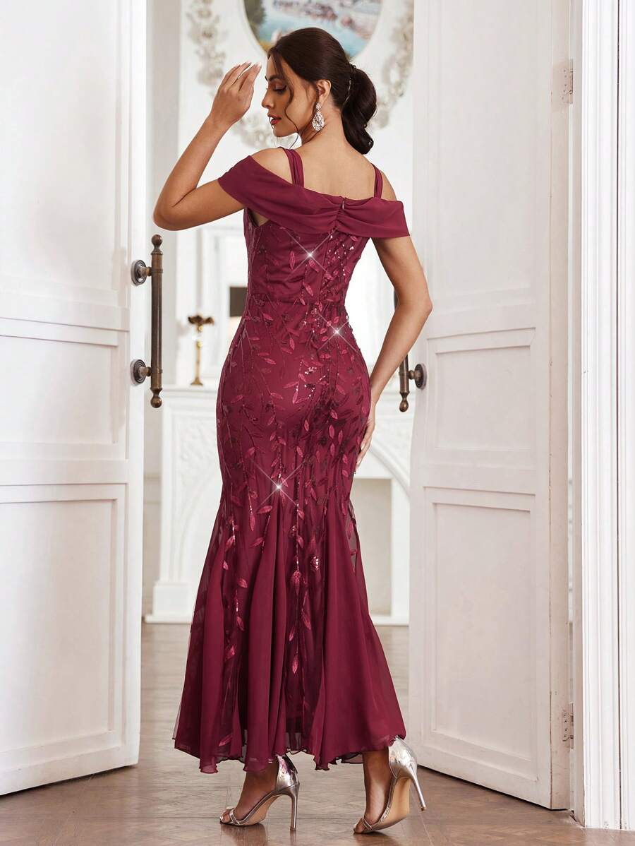 SHEIN Belle Burgundy Red Ladies' Elegant Full-Length Straps Mermaid Sequin Formal Evening Dress ...
