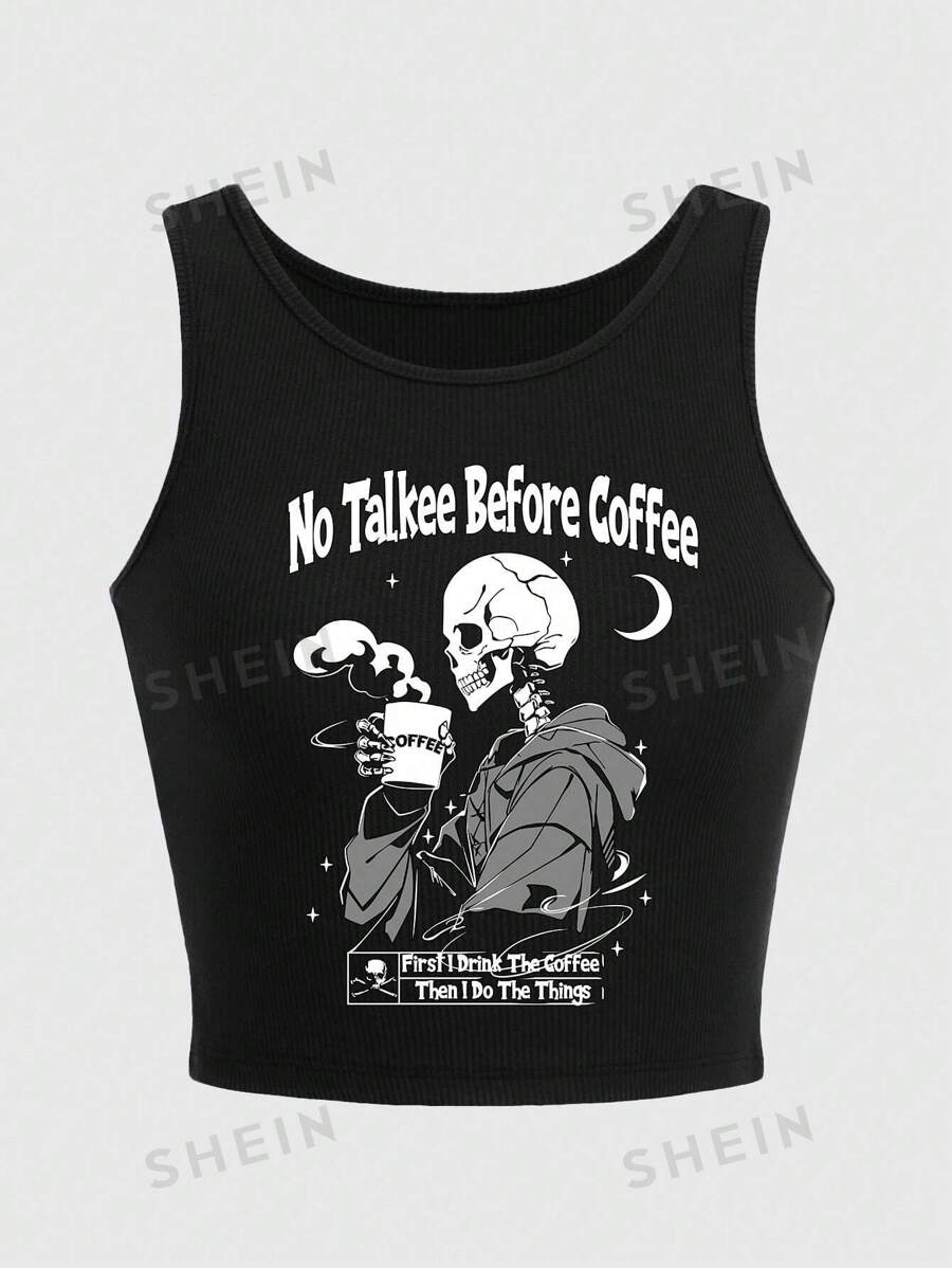 ROMWE Goth Slogan Skull Graphic Ribbed Tank Top | SHEIN USA