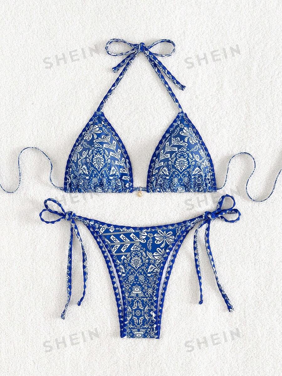 SHEIN Swim Full Printed V-Neck Halter Bikini Set | SHEIN UK
