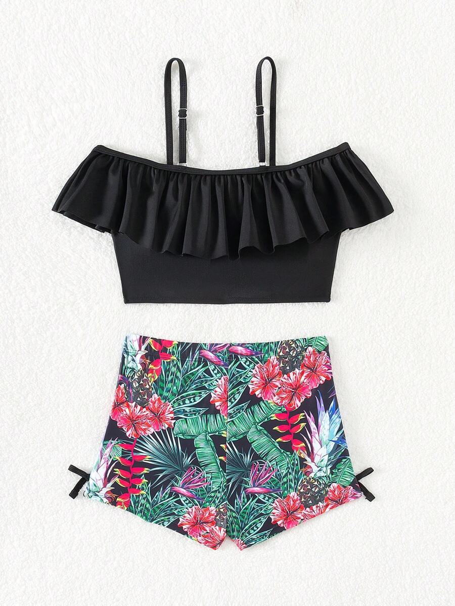 Tween Girl Summer Beach Solid Color Ruffle Strap Top And Tropical Plant ...
