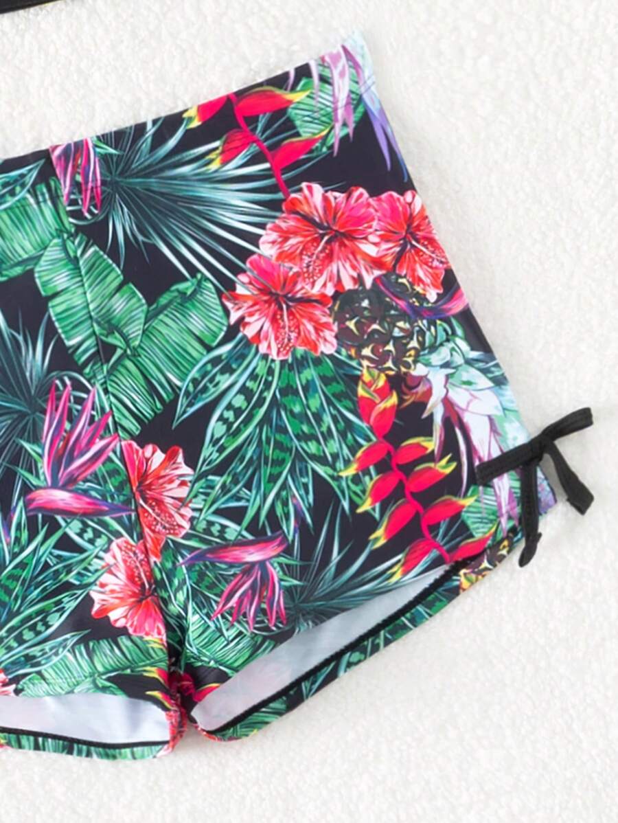 Tween Girl Summer Beach Solid Color Ruffle Strap Top And Tropical Plant ...