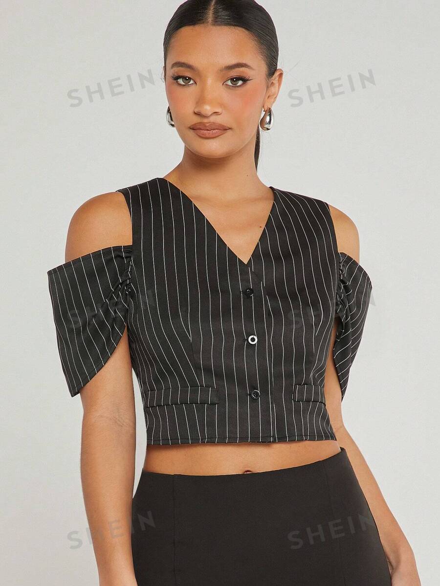 Luxe SHEIN ICON Pinstripe Cold Shoulder Button Top | SHEIN USA