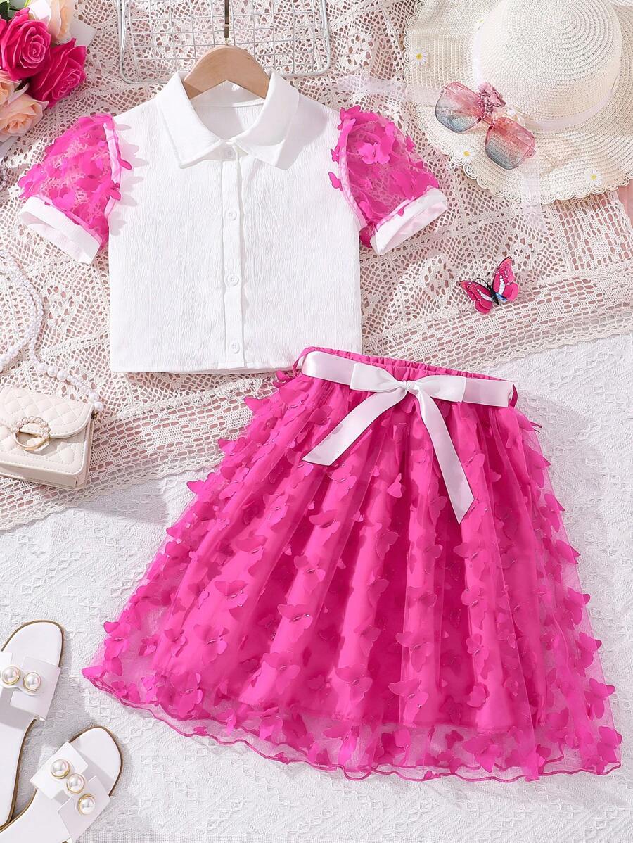 SHEIN Tween Girl Sheer Mesh Puff Sleeve Top And Butterfly Applique Mesh ...