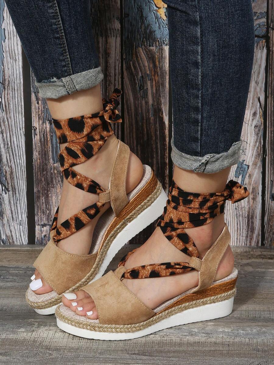 Women's Leopard Print Lace-Up Roman Sandals With Woven Straw Platform ...