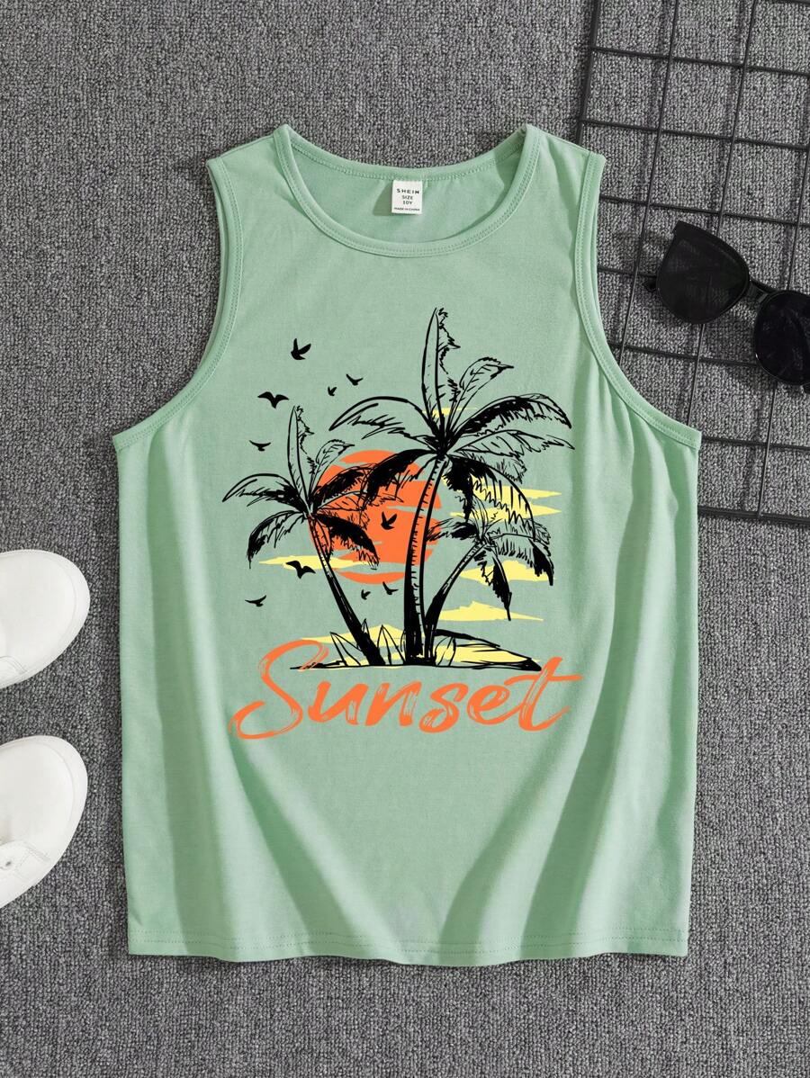 Tween Boys' Casual Coconut Tree Round Neck Tank Top For Summer | SHEIN USA