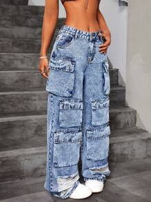 Jeanoix Women's Multi-Pocket Distressed Cargo Jeans | SHEIN USA